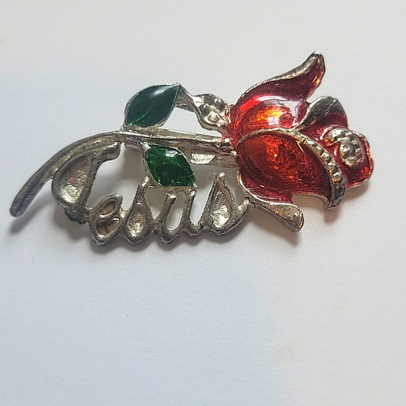 Jewelry | Enamel Jesus Brooch With Red Rose Silverstone Metal | Poshmark